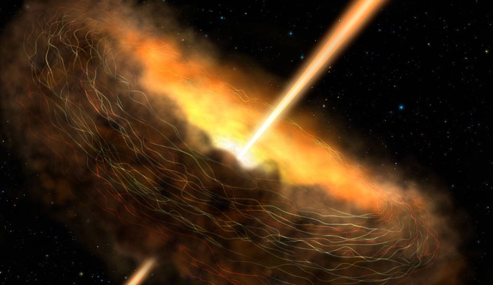 O gaură neagră care se învârte aruncă nori de plasmă în spaţiu, cu o ...